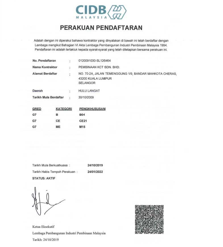 Certificate Pembinaan KCT Sdn Bhd